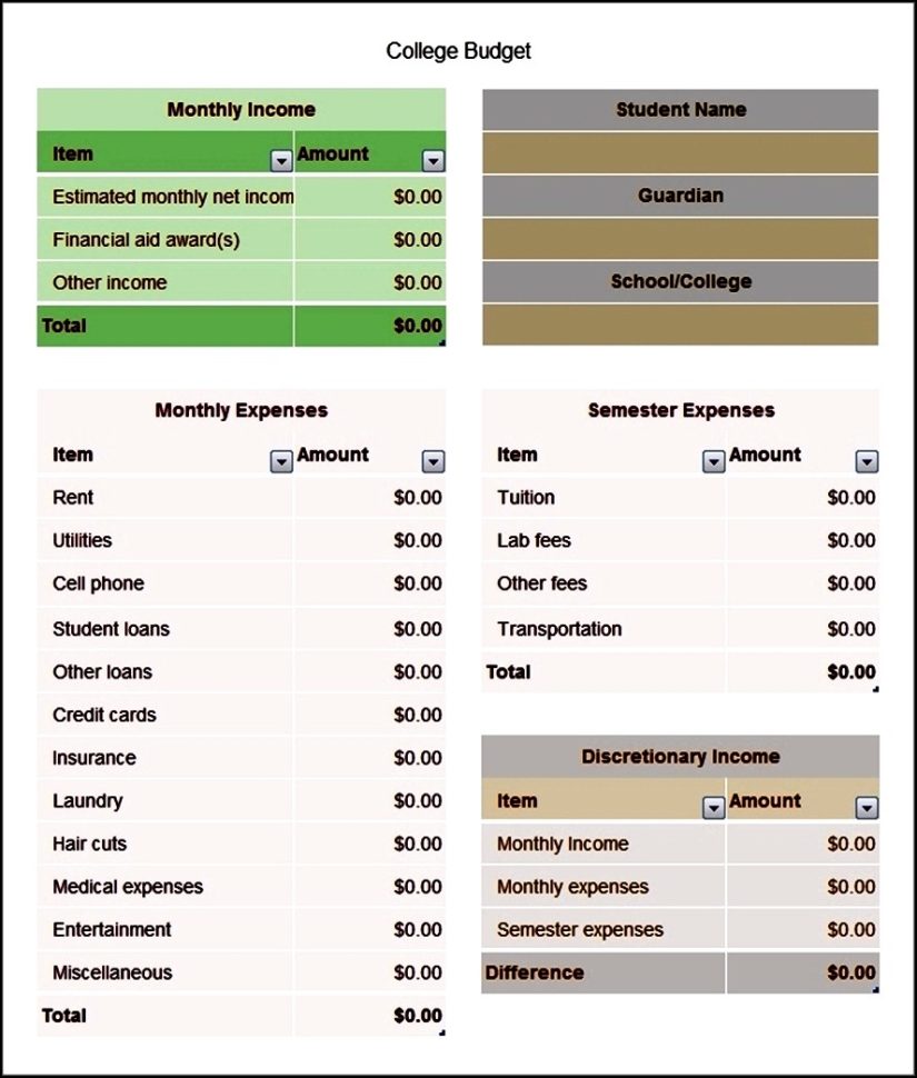 Basic Budget Worksheet College Student College Budget Template Budget