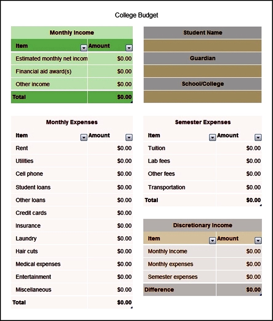 Basic Budget Worksheet College Student College Budget Template Budget 