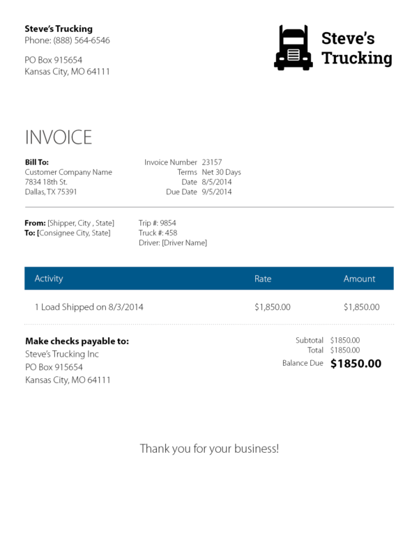 Trucking Invoice Template Spreadsheet Templates For Busines Trucking Invoice Pdf Trucking