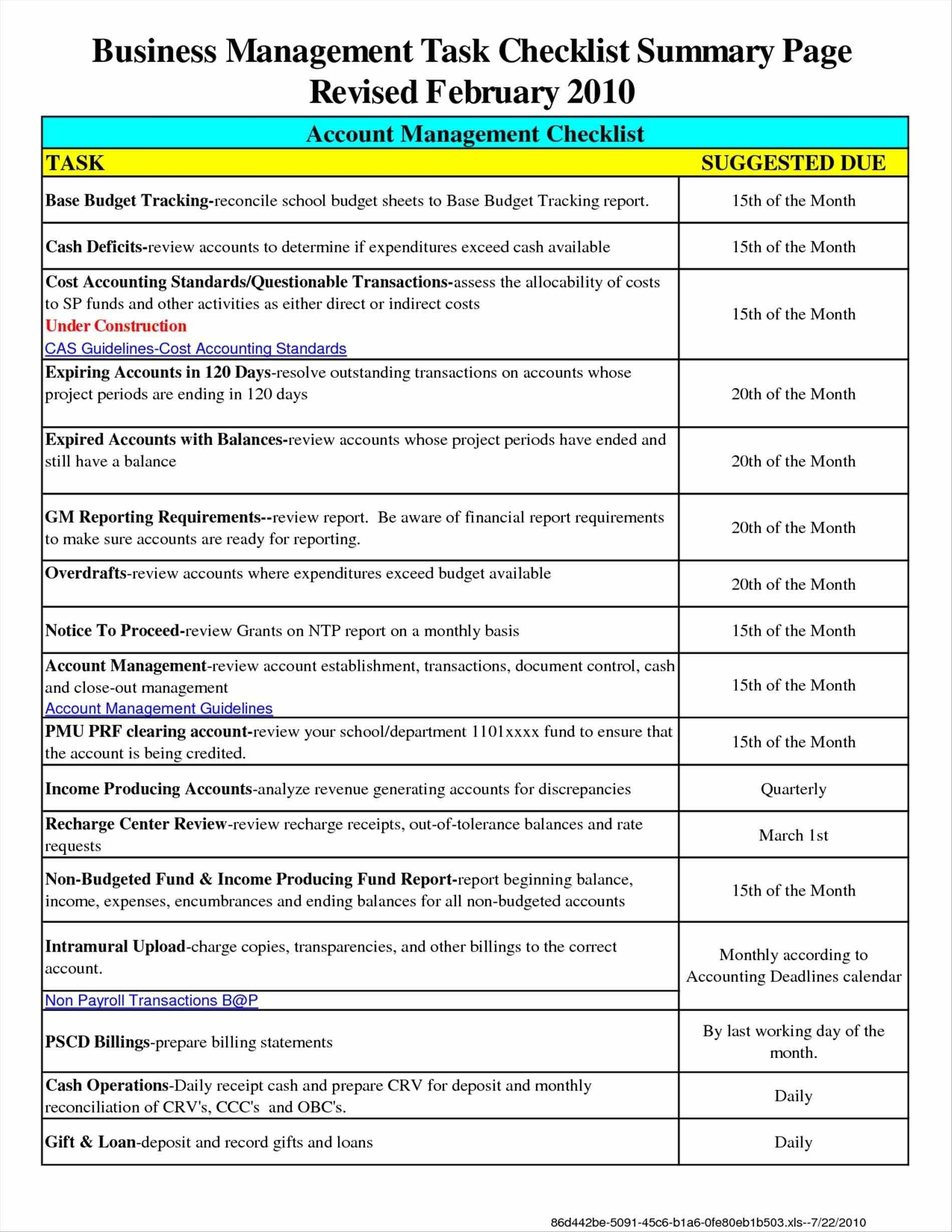 Month End Accounting Checklist Template Spreadsheet Templates For 