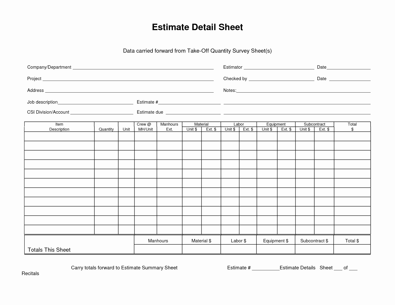 Free Take Off Sheet Template Excel