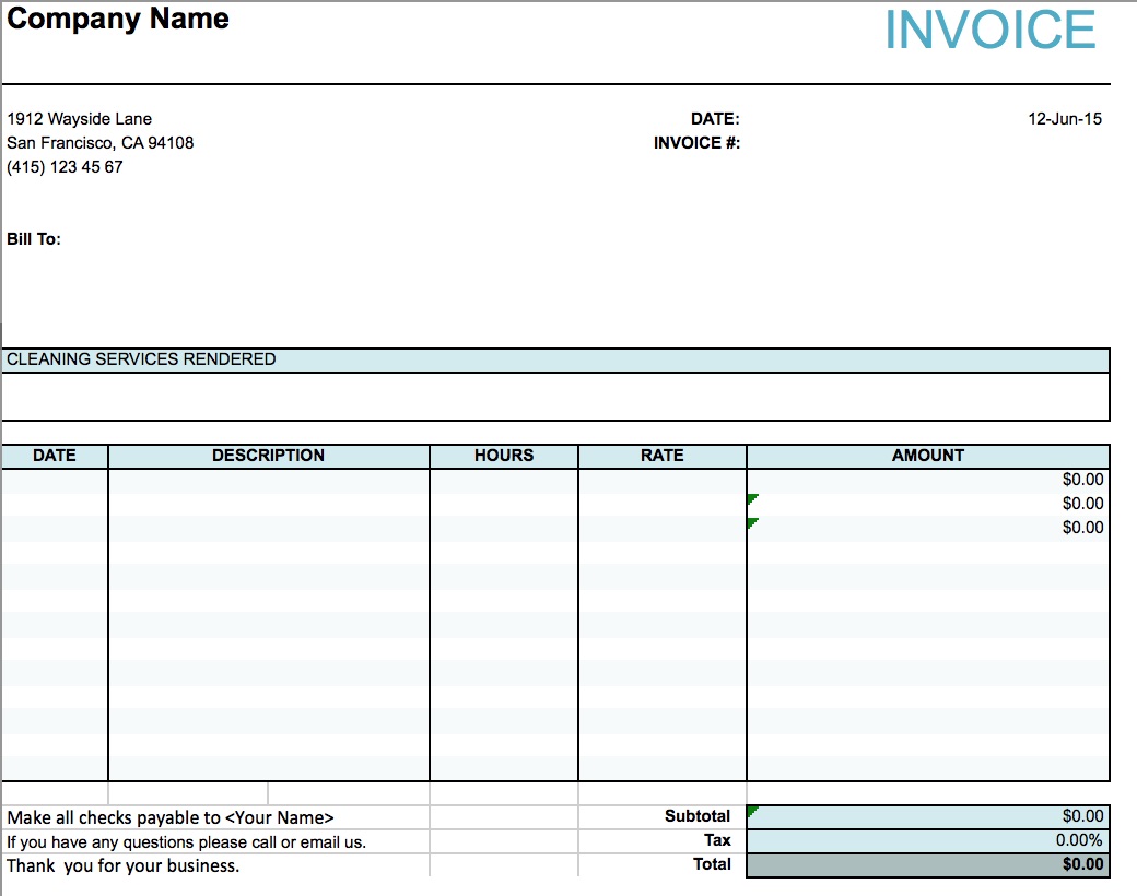 House Cleaning Service Invoice Db excel