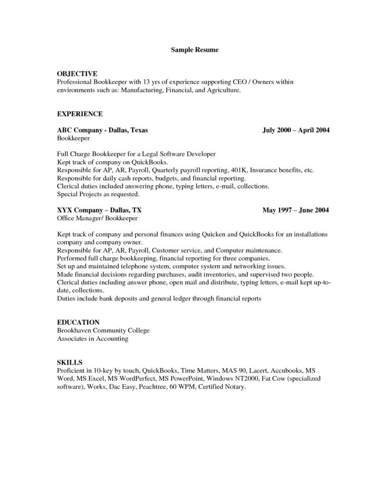 Bookkeeper Resume Objective | Nguonhangthoitrang and Bookkeeping Resume ...