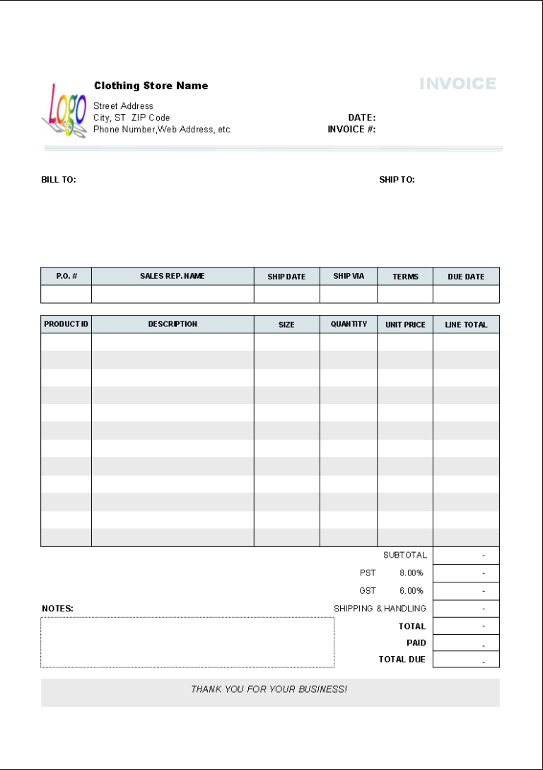 Clothing Store Invoice Template - Uniform Invoice Software with Excel ...