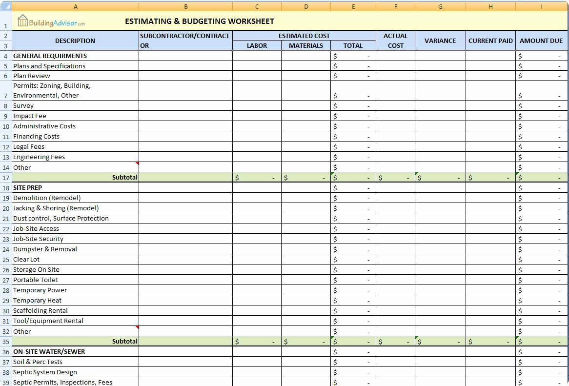 Home Construction Cost Estimate Sheet Calculation Of House Designinte