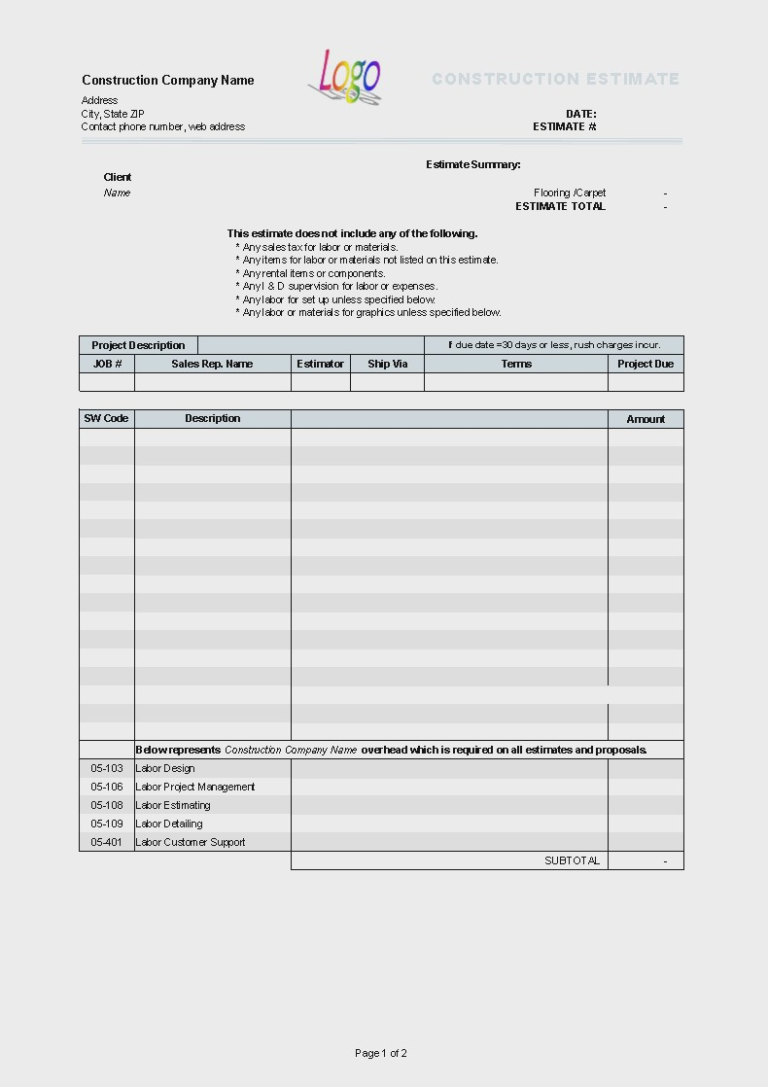 Contractor Estimate Form Construction Template Printed Idea and Construction Estimating Forms ...