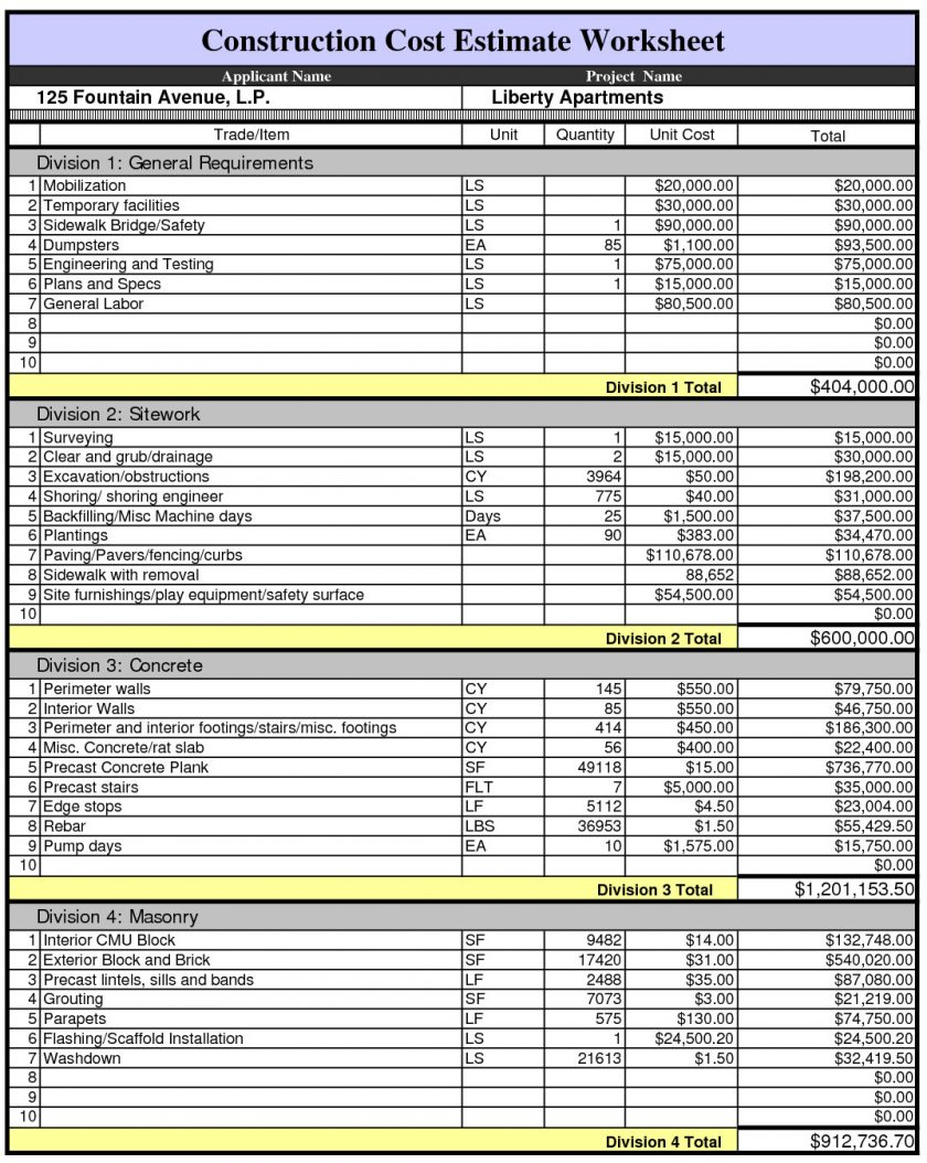 Estimate Breakdown Template Estimate Breakdown Template