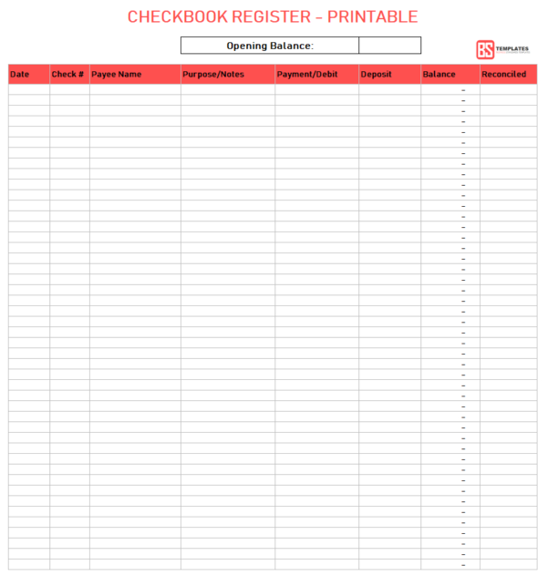 Excel Checkbook Register Template | Printable Checkbook Register Free ...