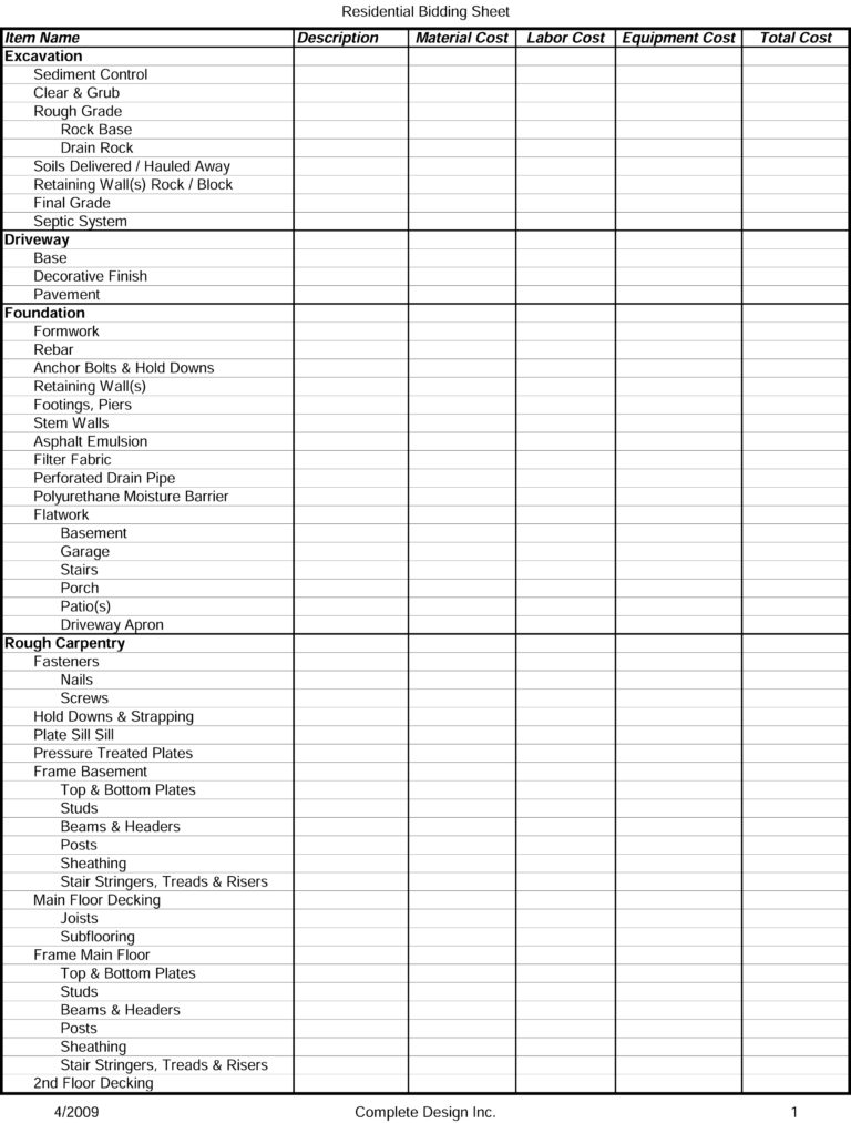 Residential Bidding Sheet Detailed 1 Intended For Residential inside ...