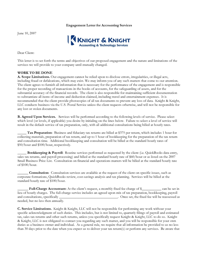 Sample Bookkeeping Engagement Letter The Best Letter Sample With for ...
