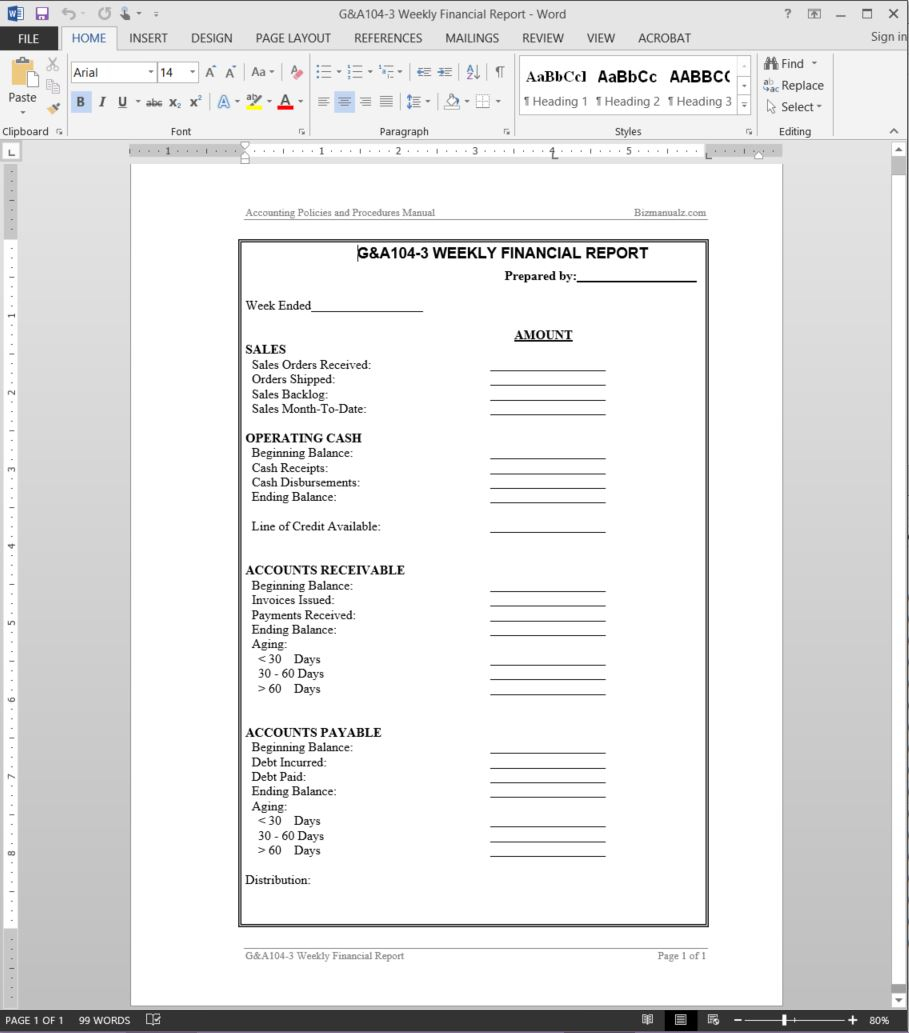 Weekly Financial Report Template With Manual Bookkeeping Template Db excel