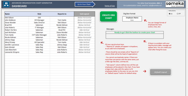 Automatic Org Chart Maker (Advanced Version) - Excel Template with Time Management Chart Excel ...