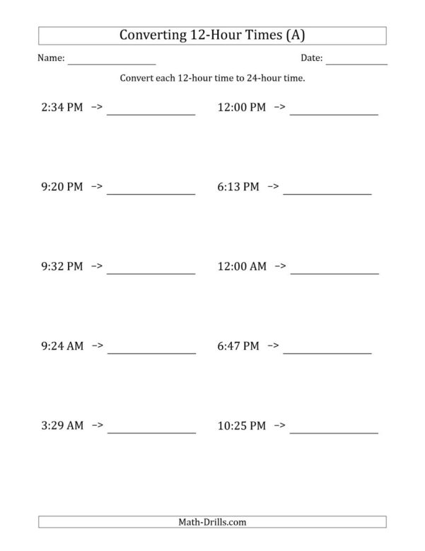 Converting From 12-Hour To 24-Hour Times (A) and Time Clock Conversion ...