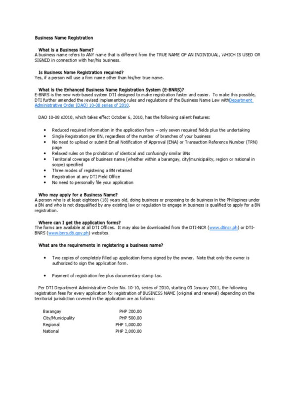 Dti Business Name Registration Faqs - Docshare.tips to Business ...