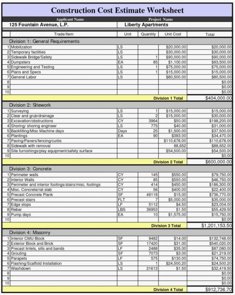 Example Of Estimating Spreadsheets Free Building Construction with ...