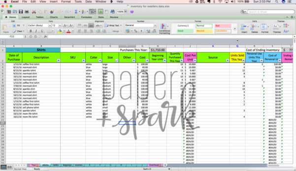 Inventory For Resellers Spreadsheet - Paper + Spark with Spreadsheet ...