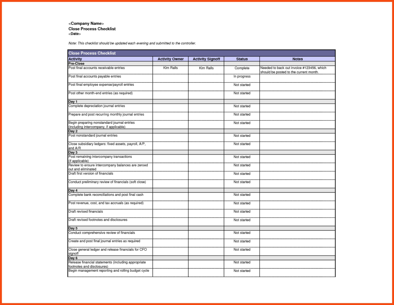 Monthly Accounting Checklist Template Db excel
