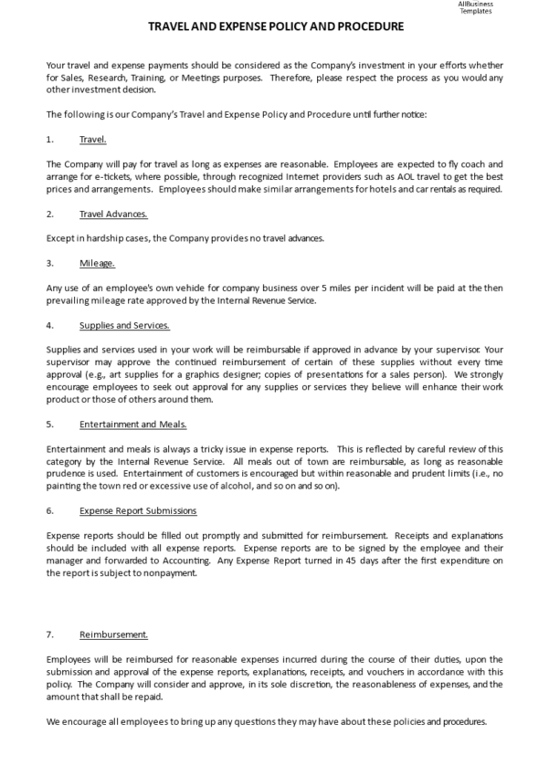 Travel And Expense Policy And Procedure Templates At Inside Business 