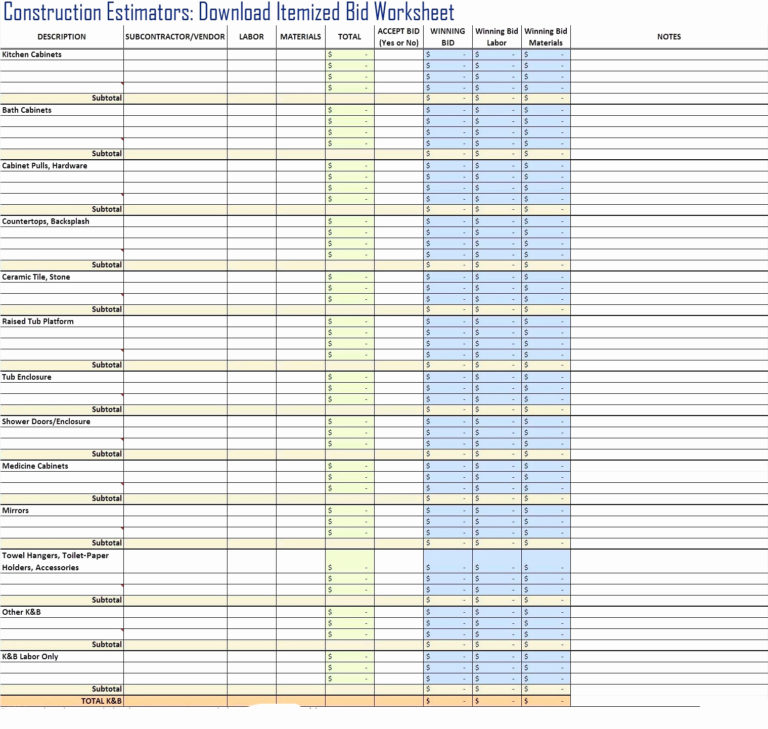 Bid Spreadsheet intended for Construction Bid Tracking Spreadsheet ...
