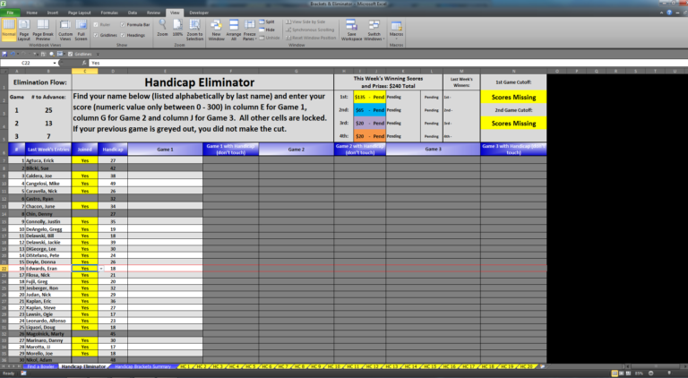 Bowling Prize Fund Spreadsheet with Eliminator Bracket Excel Software ...
