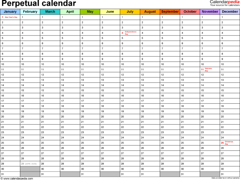 Calendar Spreadsheet Template inside Perpetual Calendars 7 Free ...