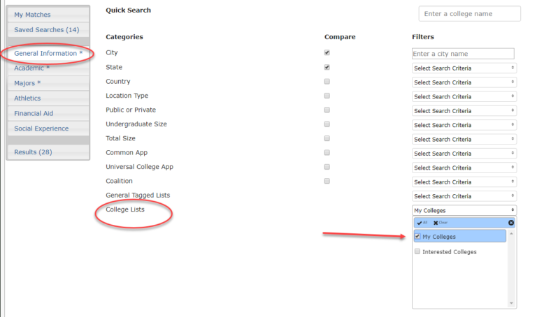 College Selection Criteria Spreadsheet inside Guided Search Overview ...