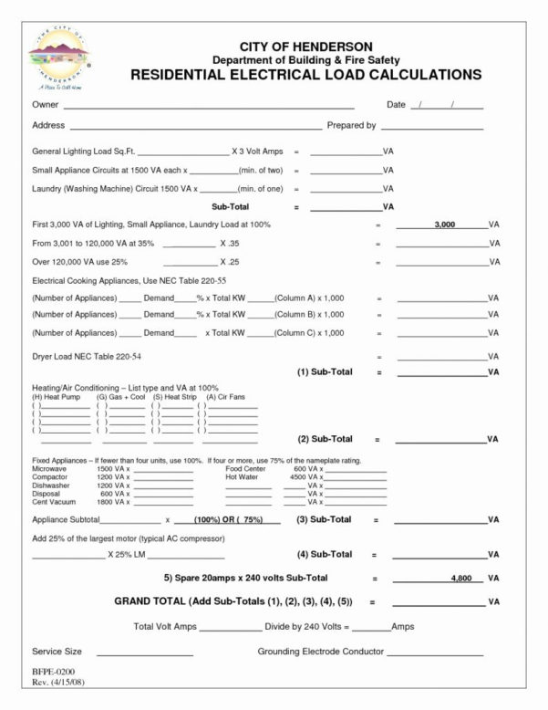 Commercial Electrical Load Calculation Spreadsheet Inside Commercial ...