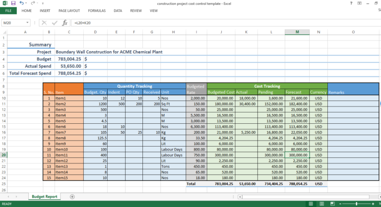 Construction Quantity Tracking Spreadsheet — Db 4836