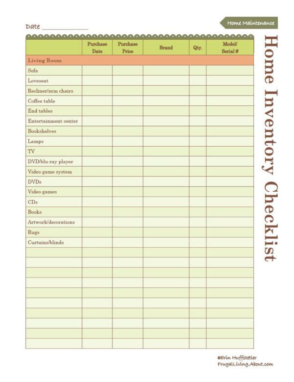 Contents Insurance Checklist Spreadsheet within Printable Home ...