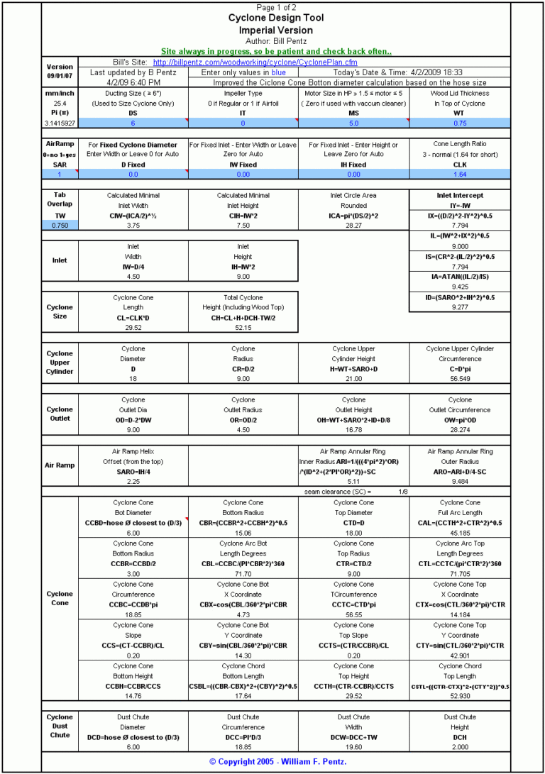 Cyclone Design Spreadsheet with Dust Collection Research Cyclone Plans ...