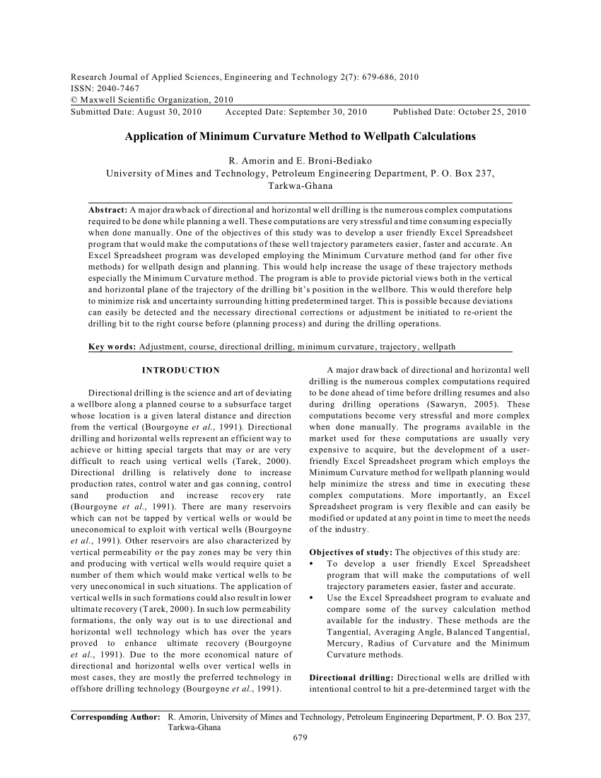 Directional Drilling Calculation Spreadsheet In Pdf Application Of Minimum Curvature Method To