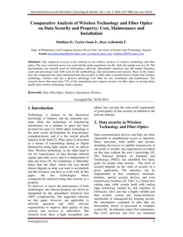 Fiber Optic Spreadsheet with regard to Pdf Comparative Analysis On Wireless Technology And Fiber ...