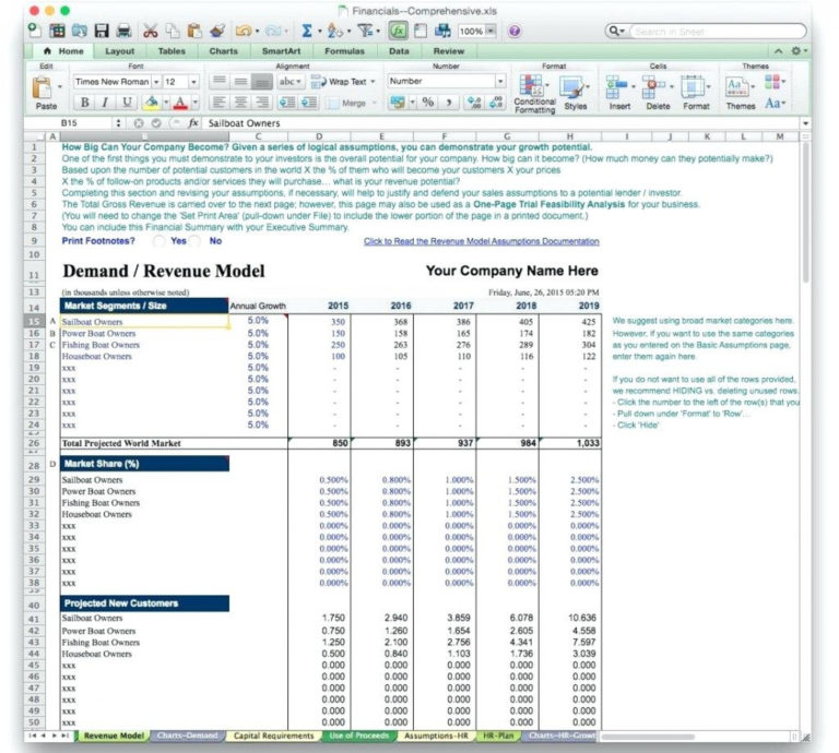 Financial Projections Spreadsheet for 017 Business Plan Financial ...