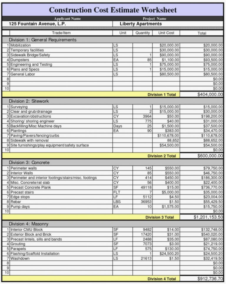 Free Construction Spreadsheet with regard to Construction Estimate ...