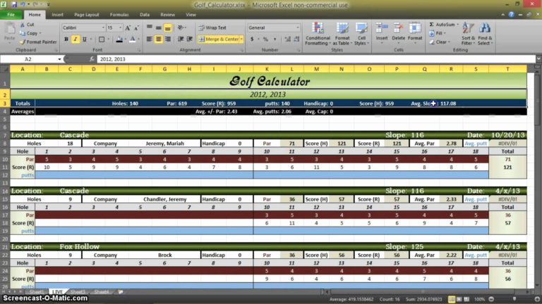 Golf League Excel Spreadsheet with Golf League Excel Spreadsheet ...