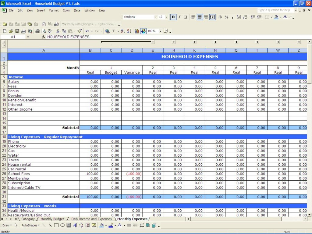 Household Bills Spreadsheet Template In Excel Templates Budget Monthly