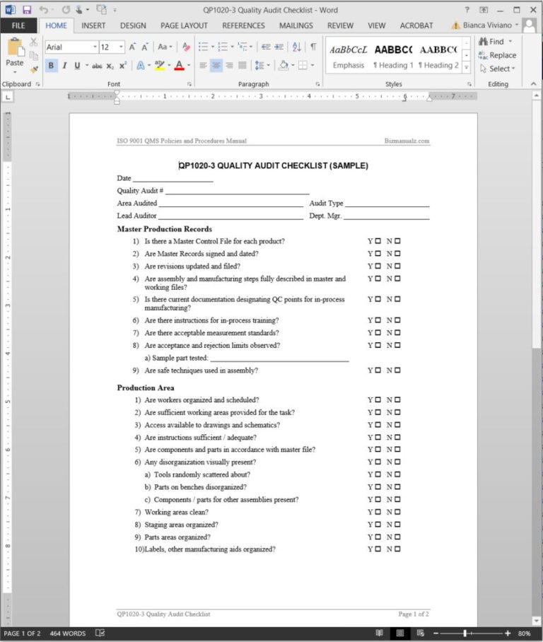 I 9 Audit Spreadsheet in Quality Audit Checklist Iso Template — db ...
