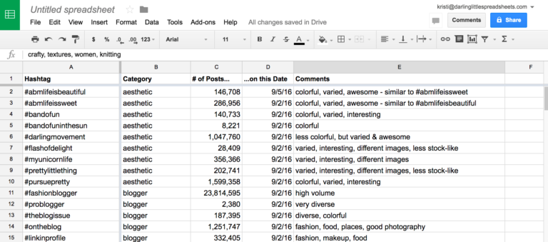Instagram Spreadsheet for Organize Your Instagram Hashtags To Help ...