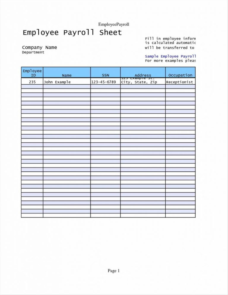 Payroll Spreadsheet Examples in Example Of Simple Payroll Spreadsheet Sampleger Template ...