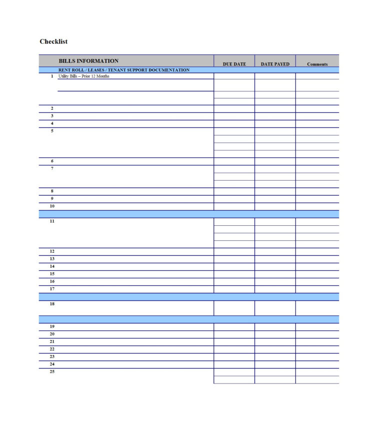 Printable Spreadsheet For Bills in 32 Free Bill Pay Checklists Bill ...