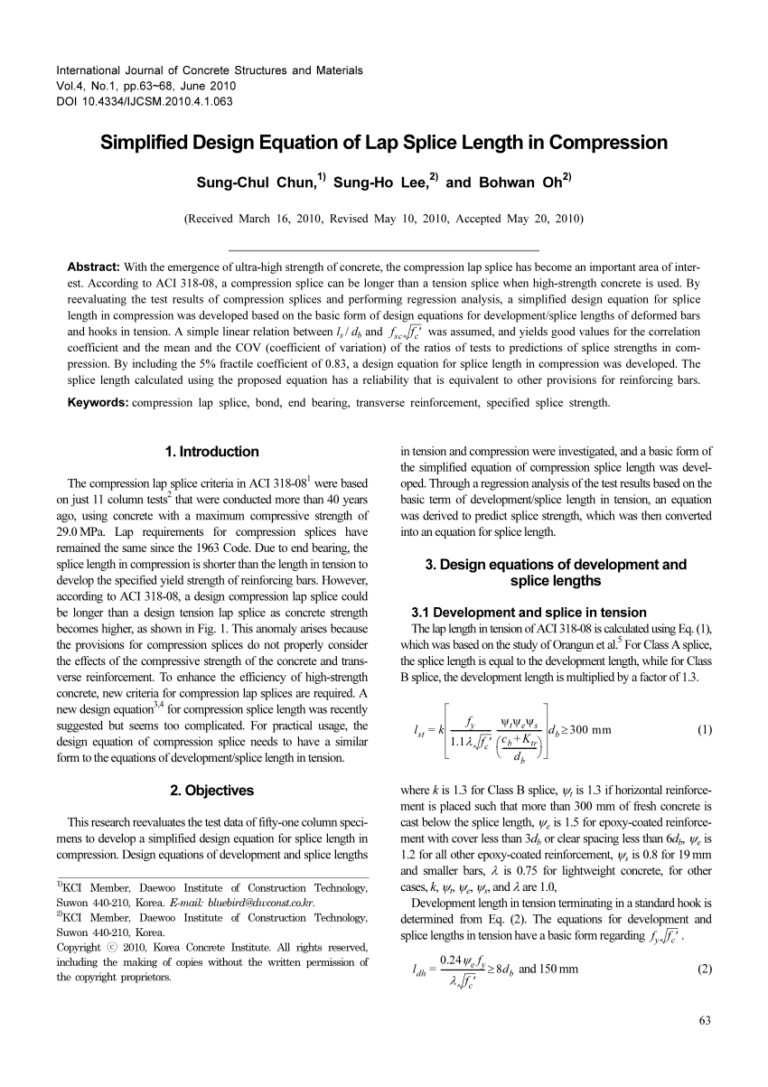 Rebar Development Length Spreadsheet pertaining to Pdf Simplified Design Equation Of Lap Splice ...