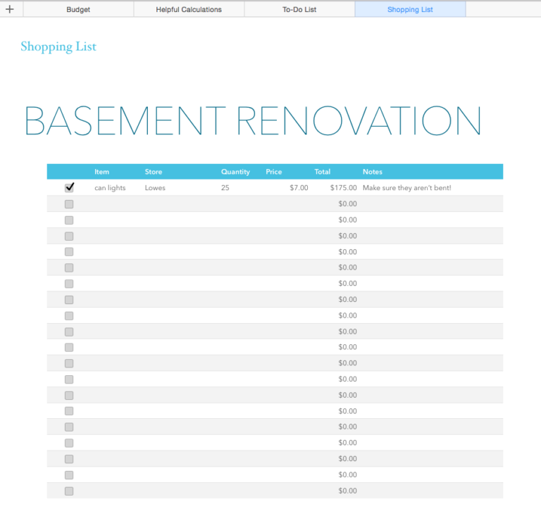 Renovation Costs Spreadsheet in Basement Renovation Budget—Excel ...