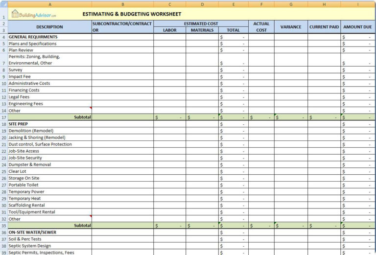 Residential Estimating Spreadsheet — db-excel.com