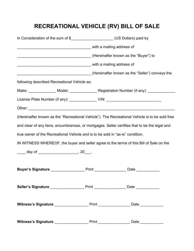 Rv Comparison Spreadsheet in Bill Of Sale Template For Boat Motor And ...