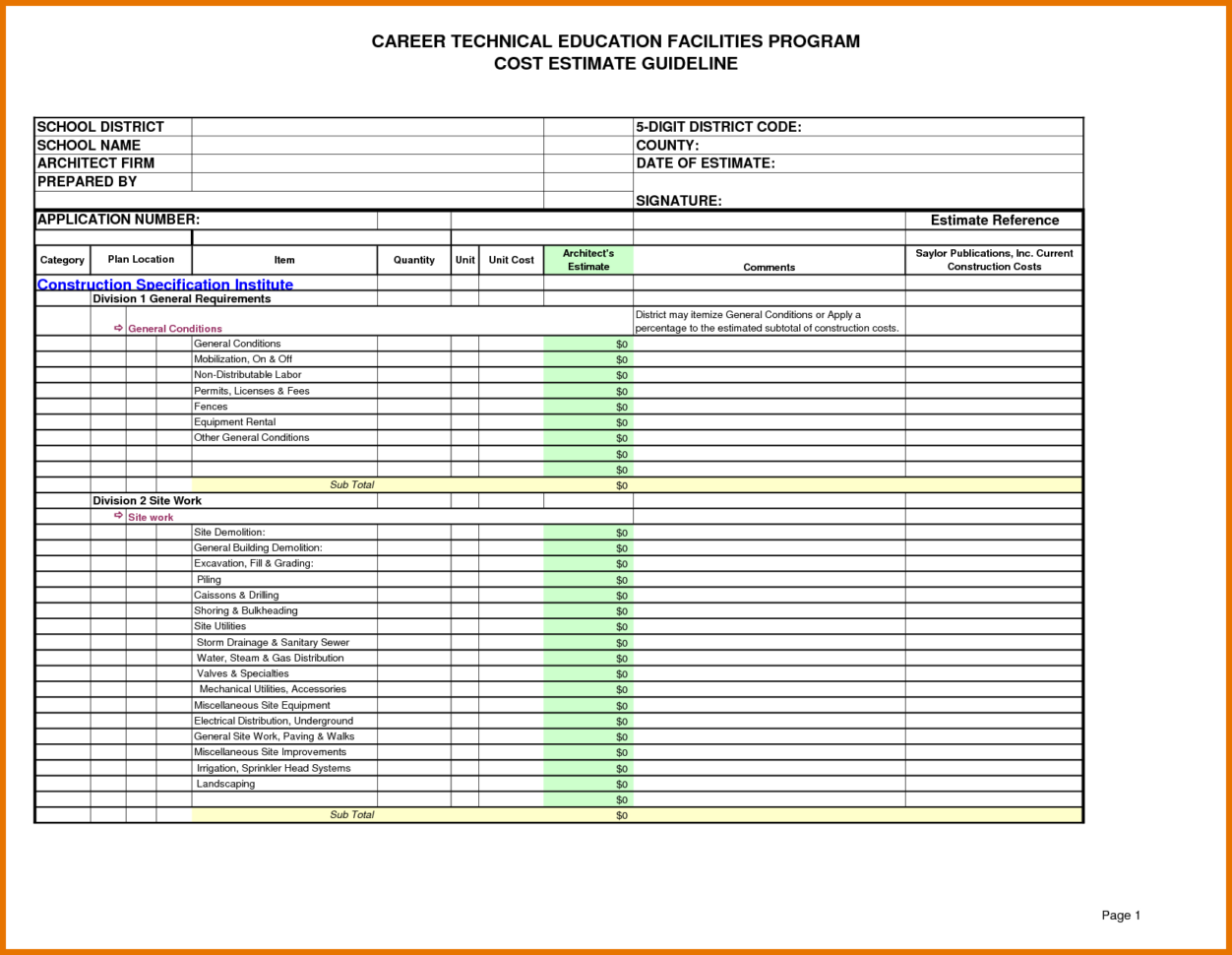 Sample Construction Estimate Spreadsheet within Building Cost ...