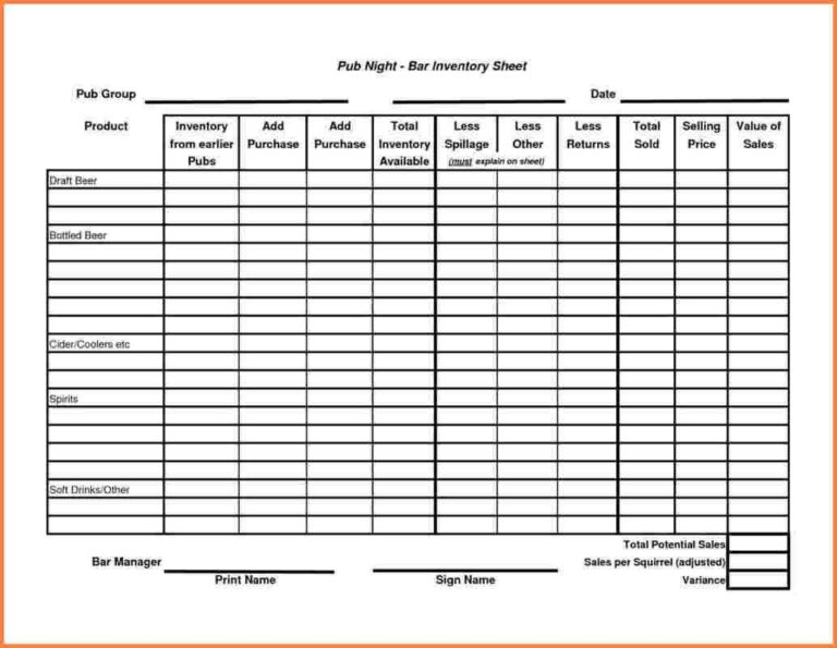 Sample Liquor Inventory Spreadsheet within Sample Bar Inventory Sheet ...