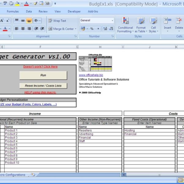 Spreadsheet Generator with Officehelp Macro 00048 Budgex Budget ...