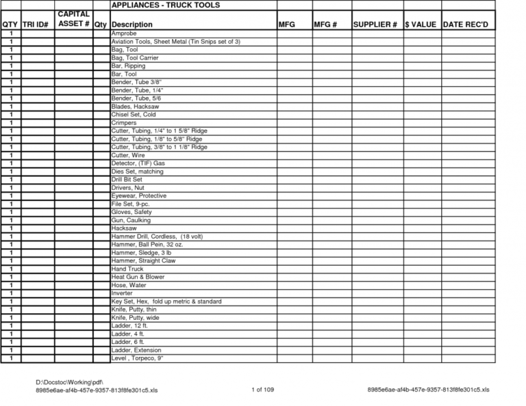 Tool Room Inventory Spreadsheet intended for 20 Images Of Linen ...
