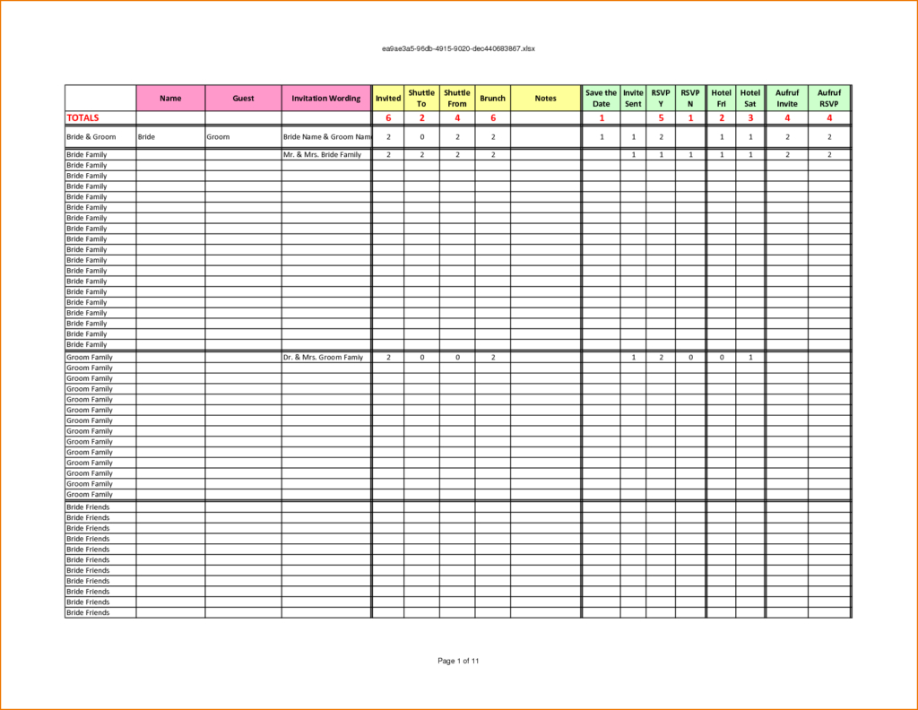 Wedding Invite Spreadsheet In Printable Wedding Guest List Template