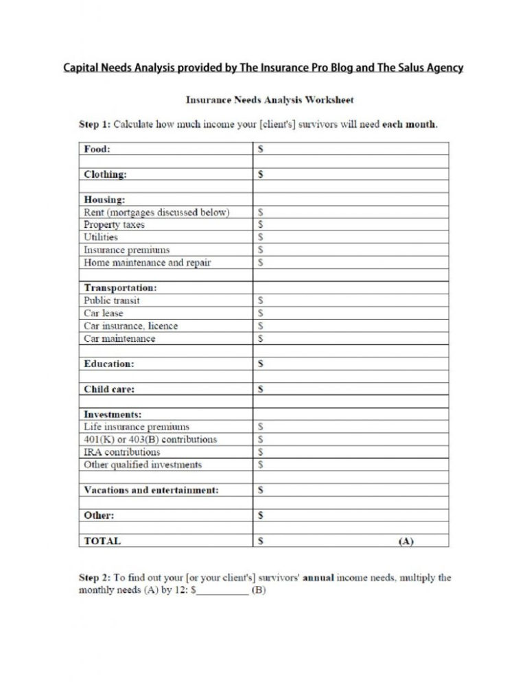 Whole Life Insurance Spreadsheet inside Financial Needs Analysis ...